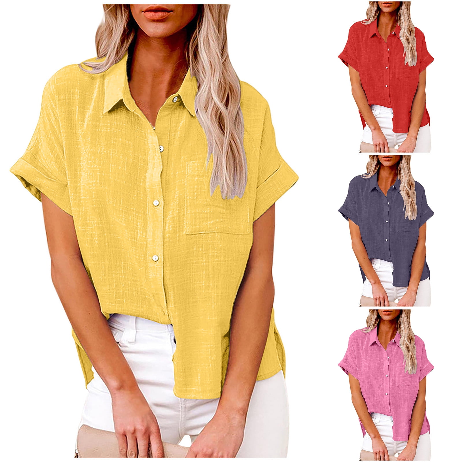 Eryao Vacation Deals Plus Size Tops for Women Cotton Linen Short Sleeve ...