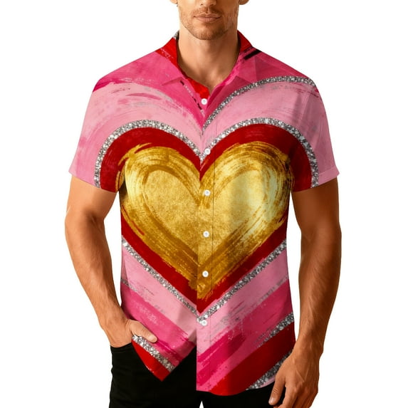 Eryao Valentine's Day Shirts Men Heart Print Button Down Blouses Casual ...