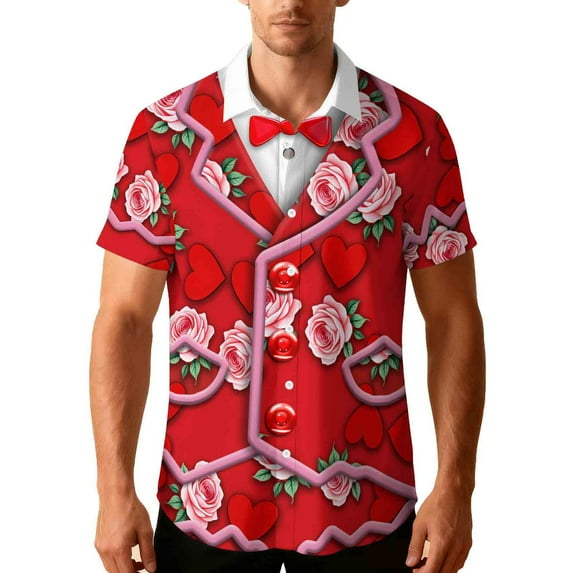 Eryao Valentines Day Shirts Men Button Down Short Sleeve Blouses Heart ...