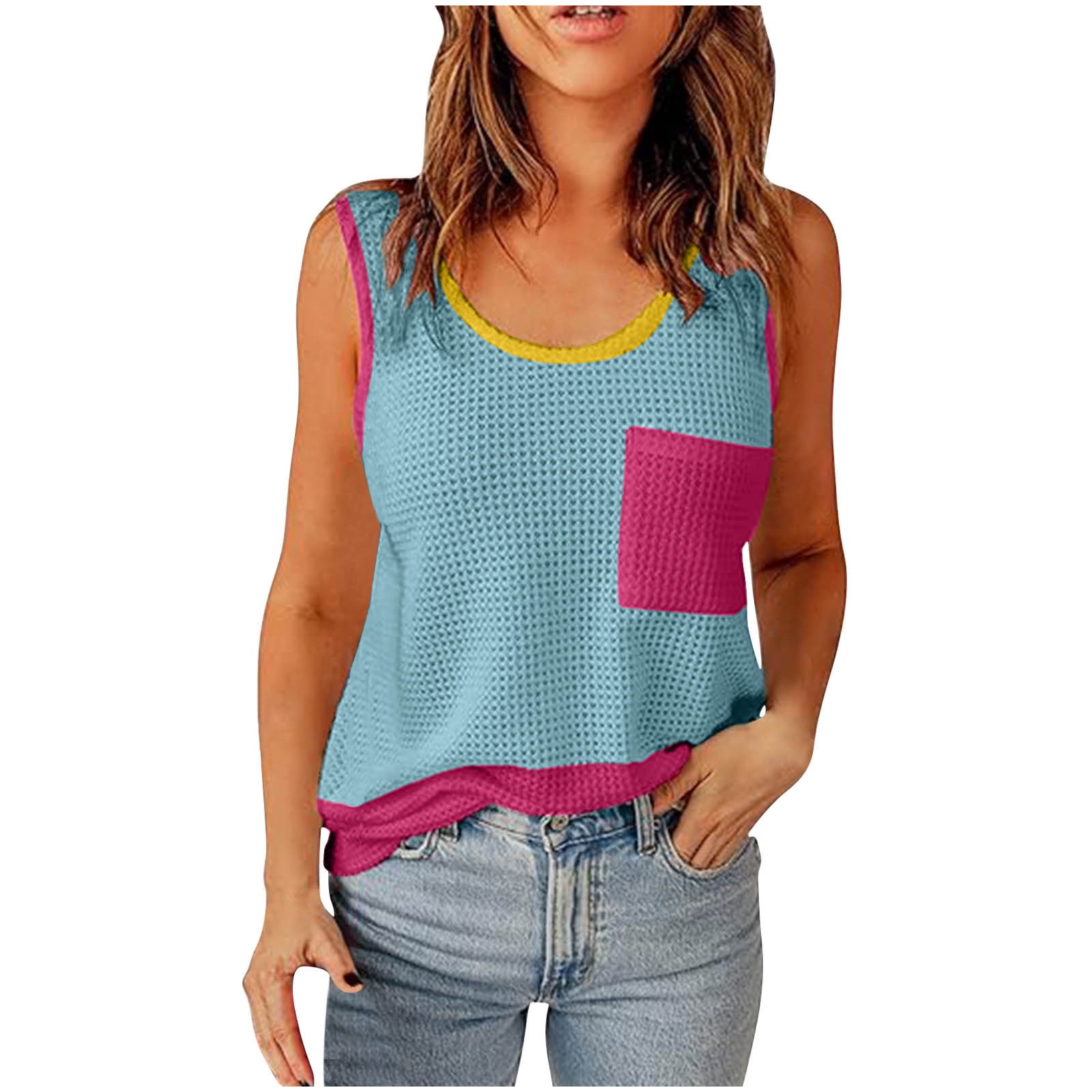 Eryao Waffle Knit Tank Top Women Color Block Sleeveless Shirts with ...