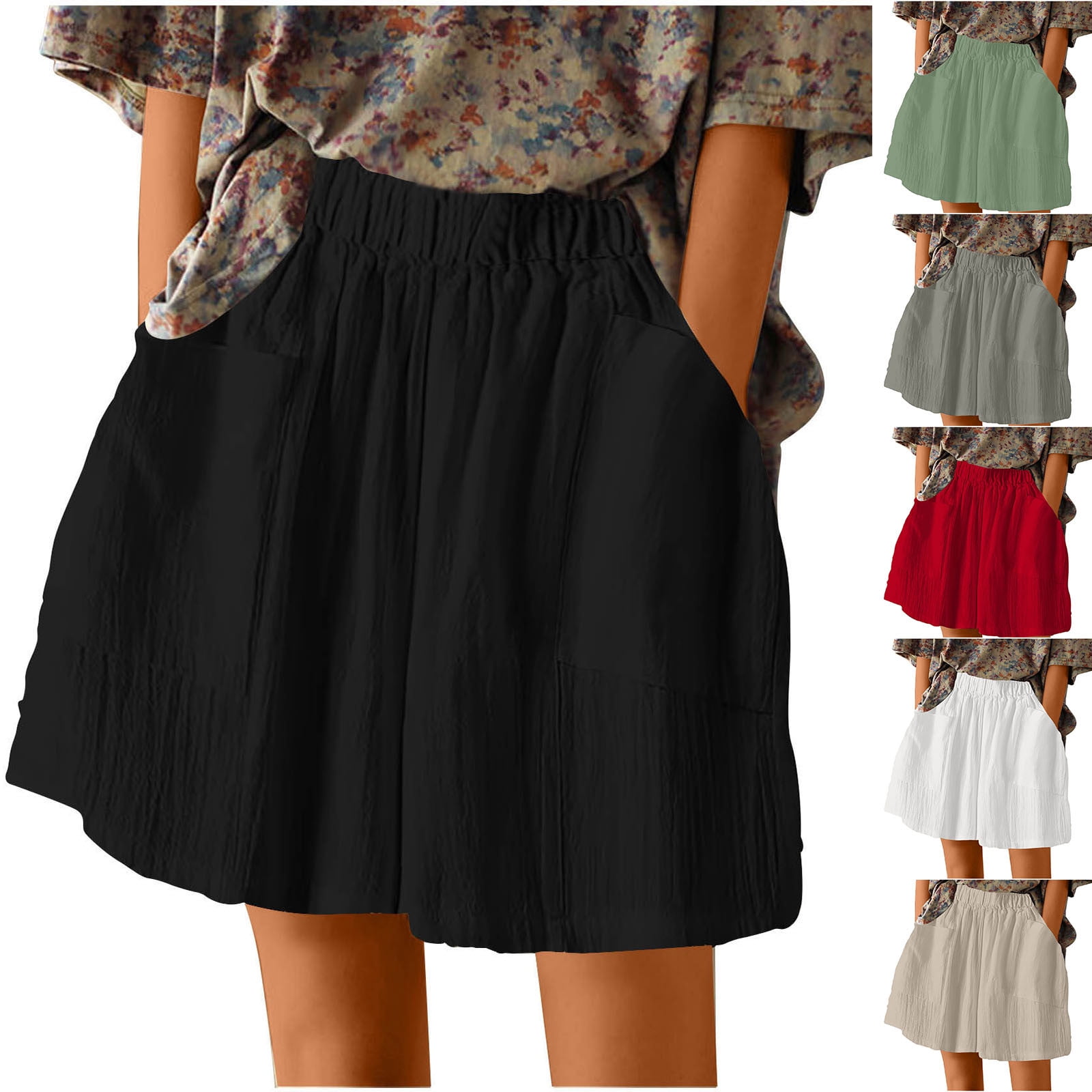 Eryao Women's Plus Size Linen Shorts Casual Elastic High Waisted Wide Leg Shorts with Pockets ...