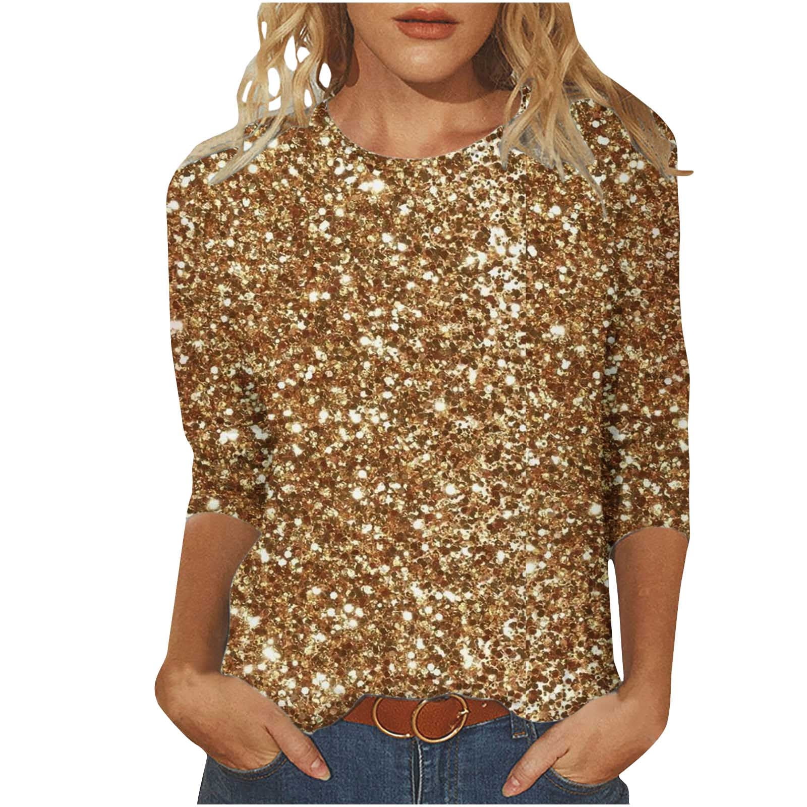 Eryao Womens Sequin Tops 3/4 Sleeve Glitter Sparkly Party Blouse Solid ...