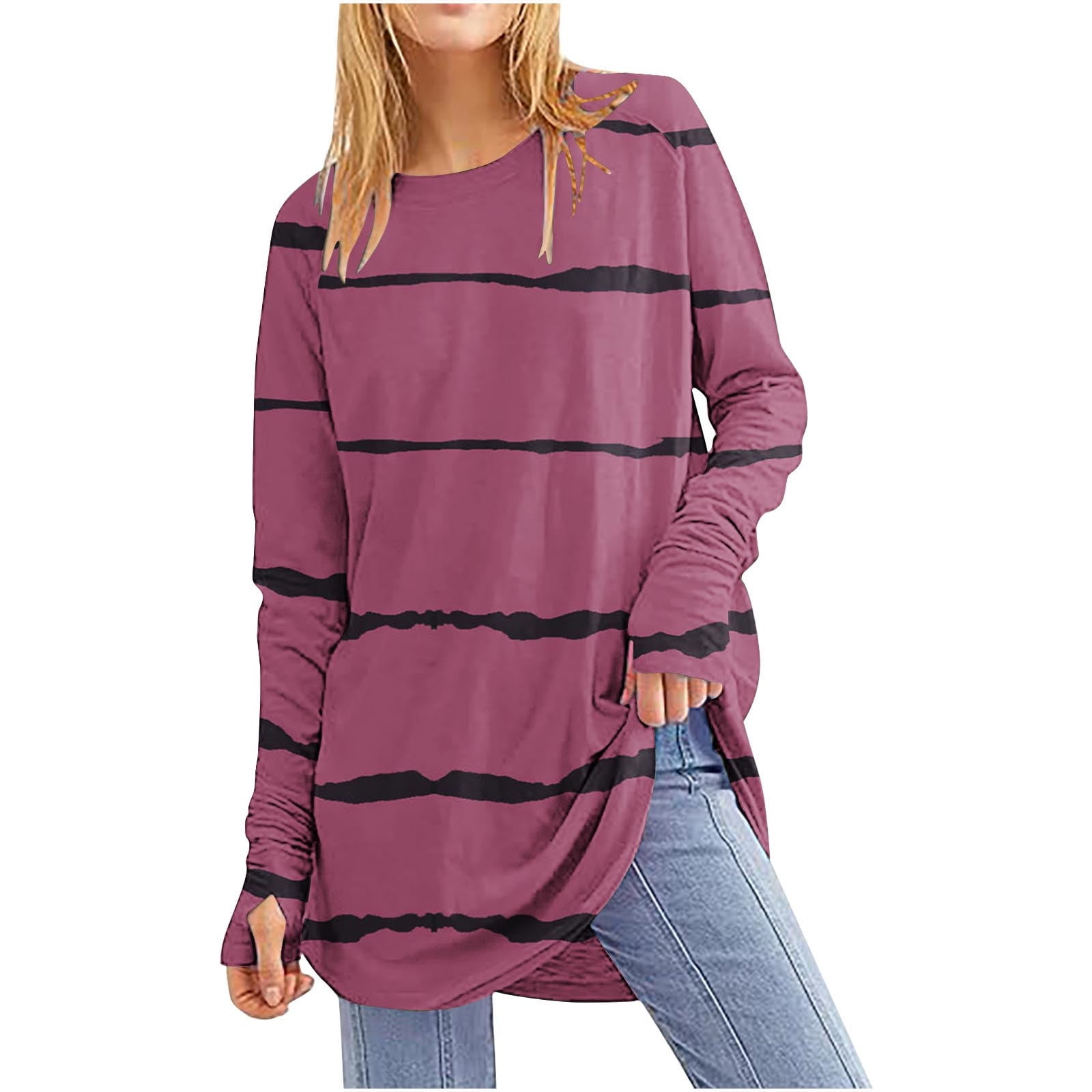 Eryao Womens Thumb Hole Shirts Long Sleeve Striped Fashion Tops ...