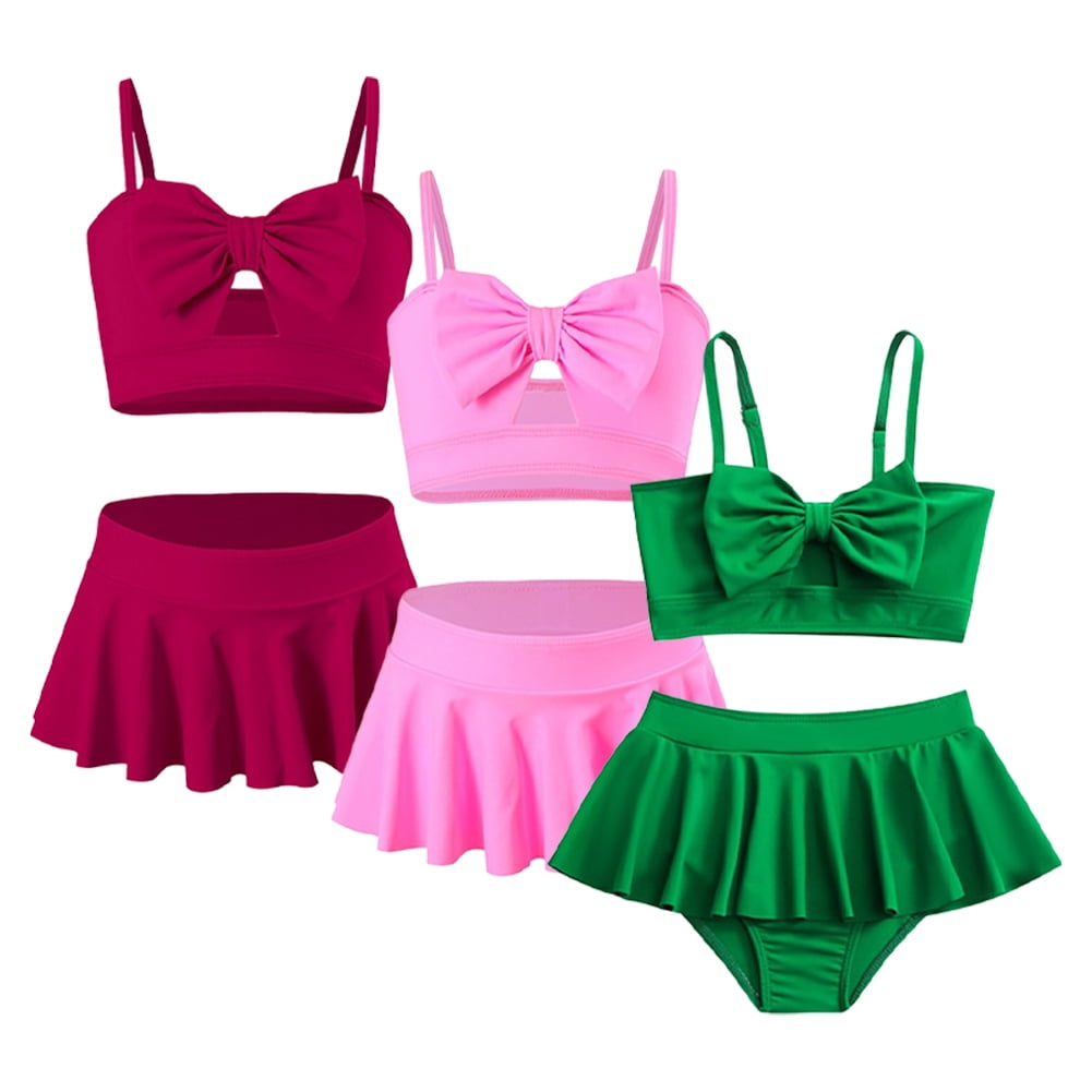 Esaierr 2-12Y Kids Girls Swimwear Cute Bow Solid Color Swimsuit for Toddler Adjustable Shoulder ...