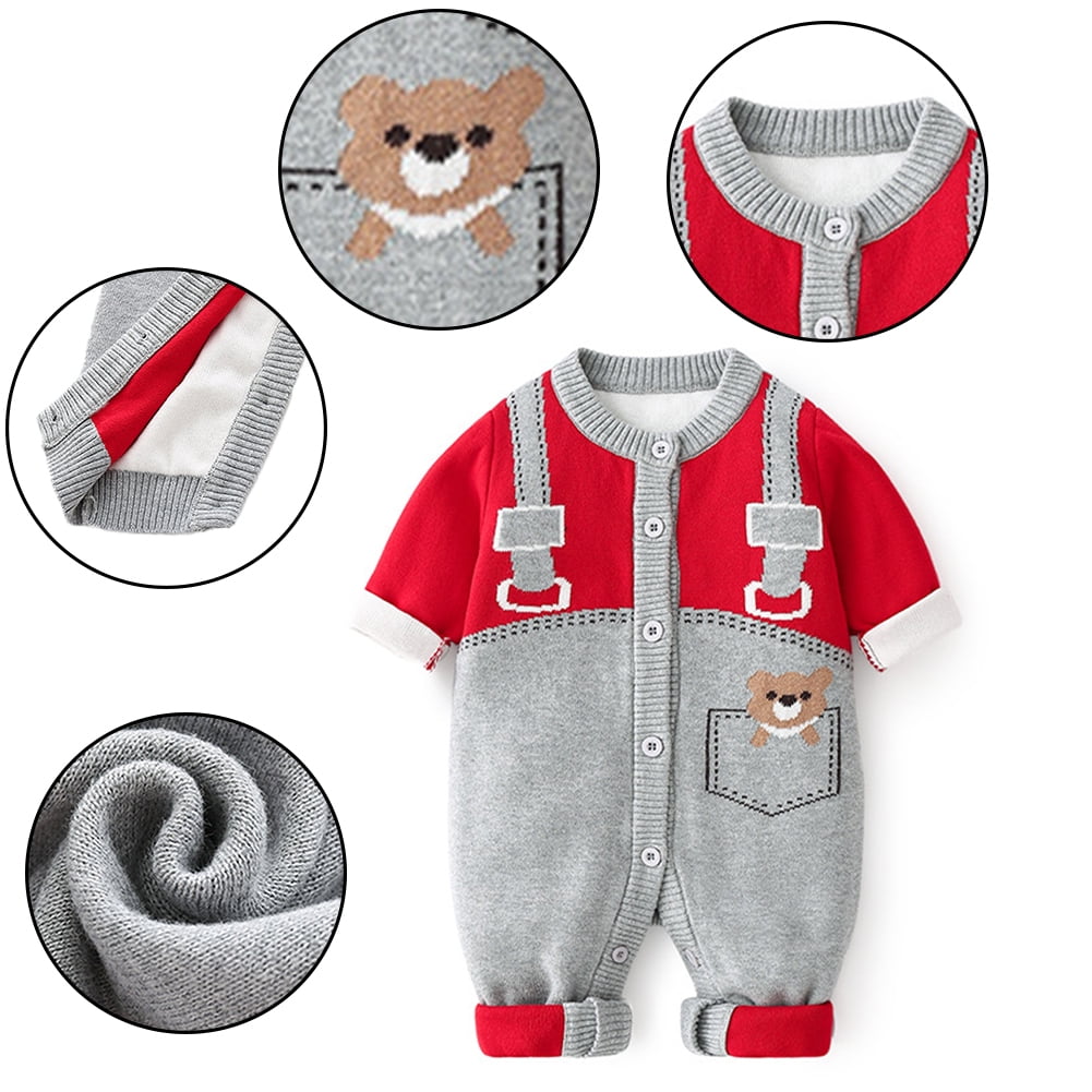 Esaierr 2-18 Months Boys Girls Embroidered Bear Jumpsuit Set for Newborn Baby,Fall Winter Knit ...