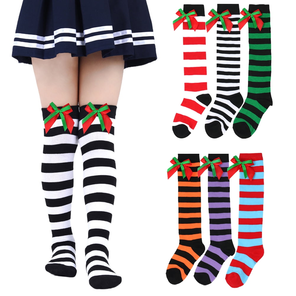 Esaierr 6 pairs Kids Girls Christmas Long Striped Socks Bowknot Knee ...