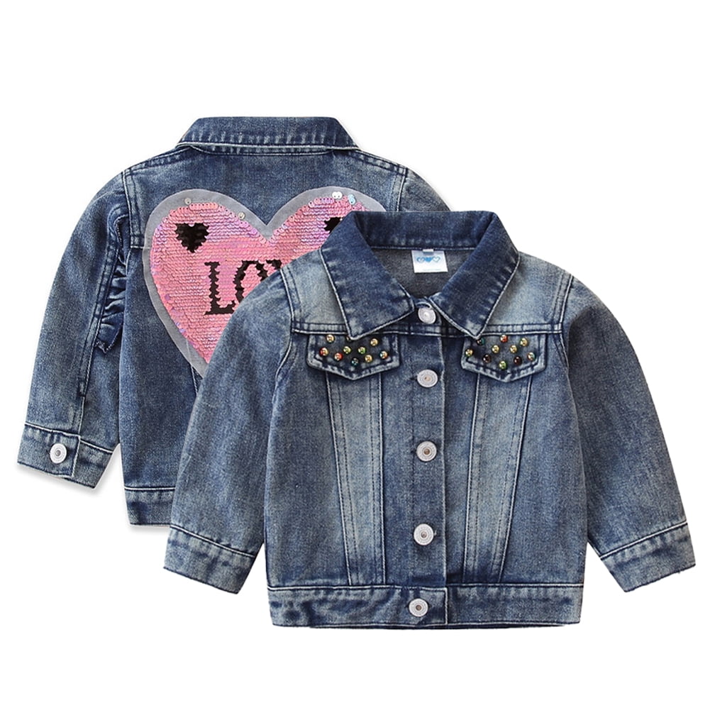 Esaierr Baby Little Girls Sequin Denim Jacket Outerwear Toddler Love ...