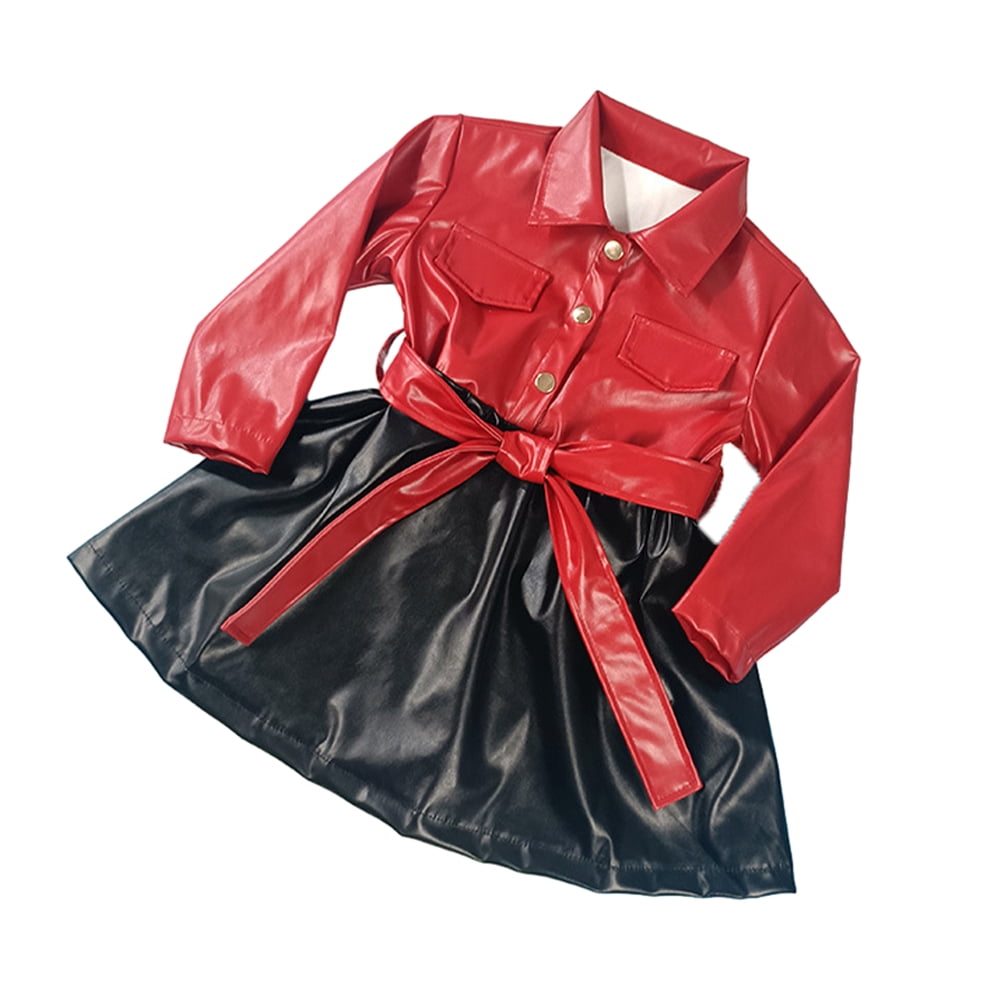 Esaierr Girls PU Leather Dress Long Sleeve Lapel Faux Leather Dress ...