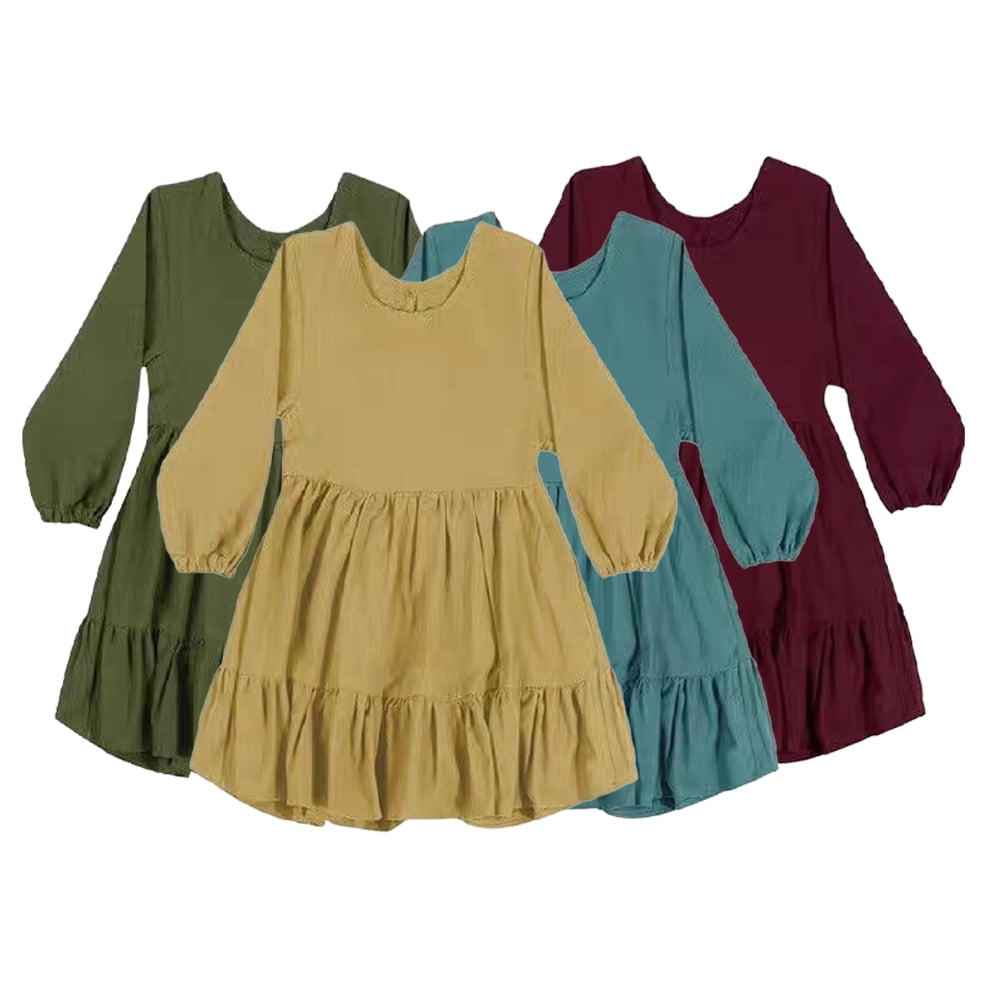 Esaierr Kids Girls Solid Color Dress Toddler Baby Crewneck Dresses Long ...