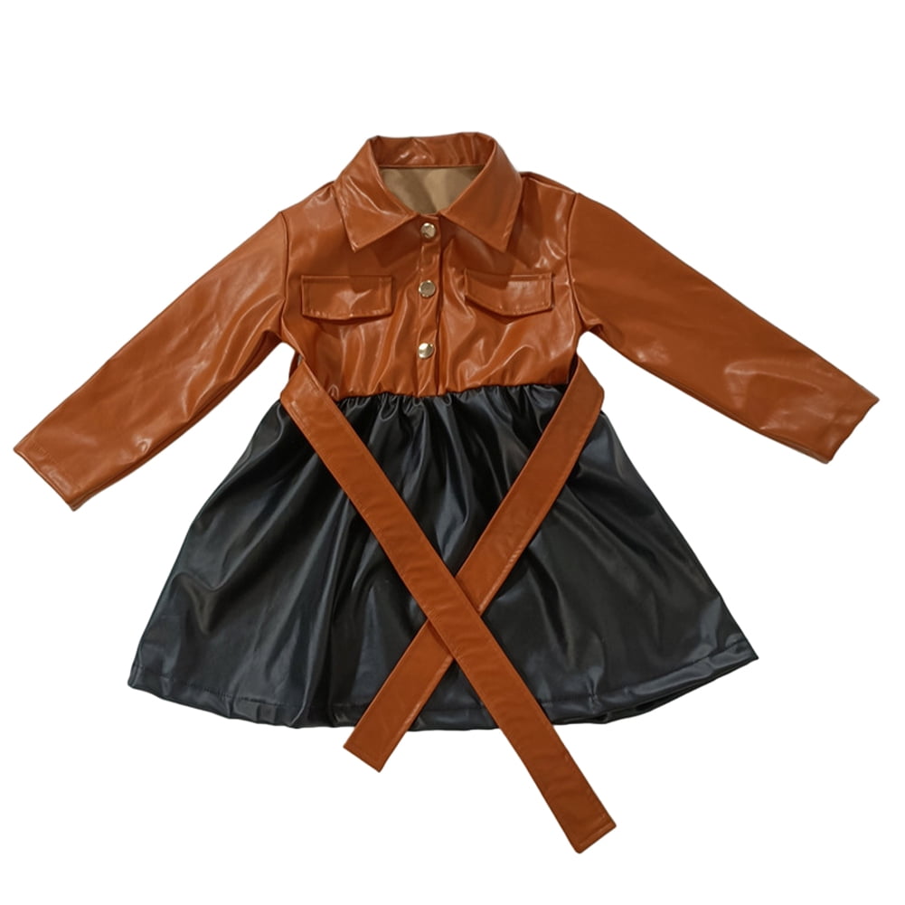 Esaierr Toddler Girls Faux Leather Jumper Dress for Kids Lapel ...