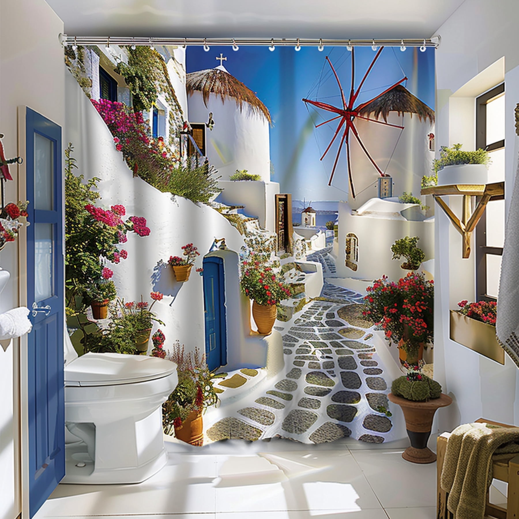 Escape to Santorini: Greek Village Shower Curtain with Windmill Stairs ...