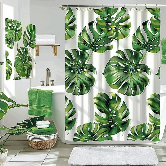 Escape to the Tropics: Monstera Leaf Shower Curtain Set Transform Your Bathroom into a ...