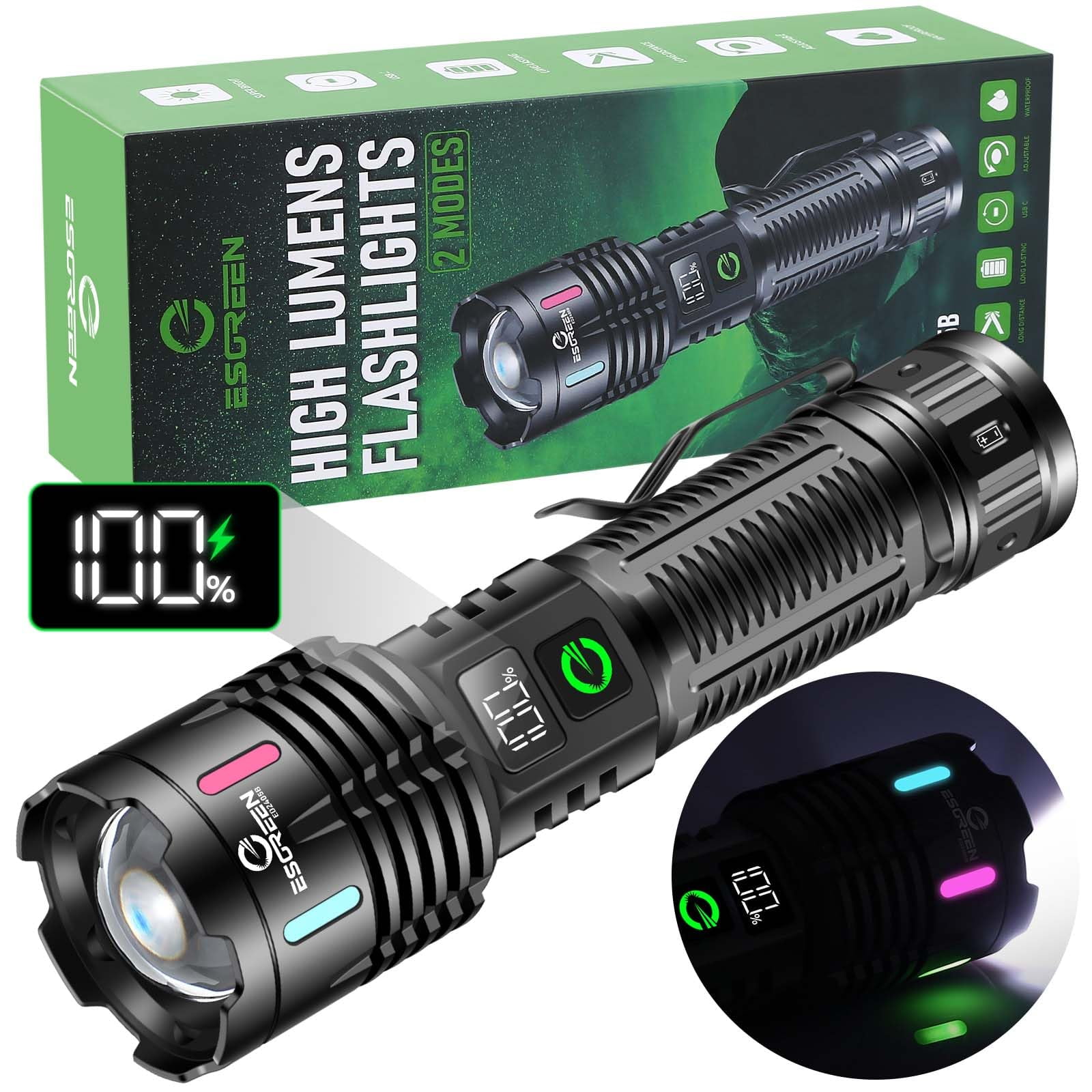 Esgreen Rechargeable Flashlights High Lumens 2000 Single 2 Modes, Super ...