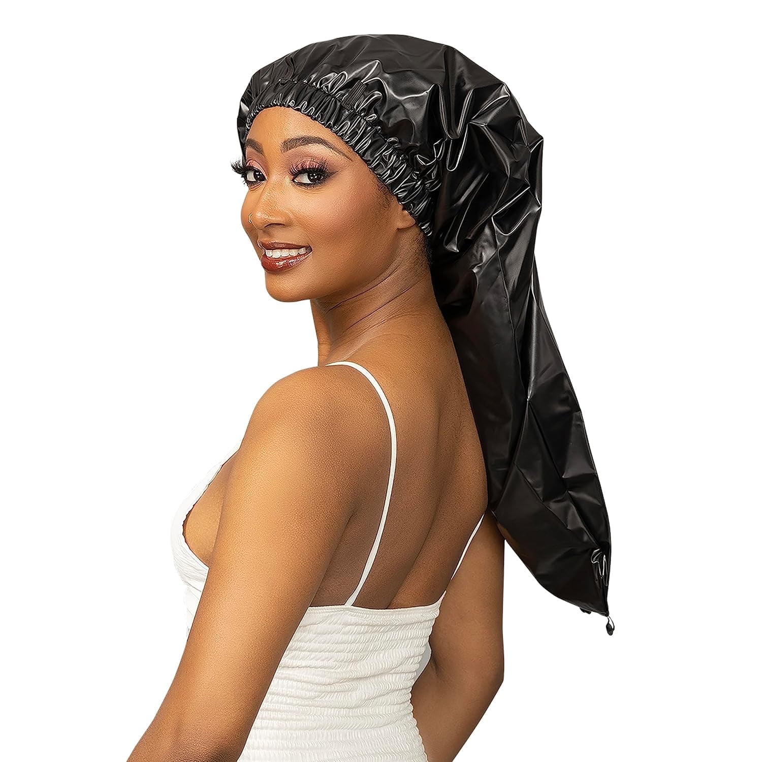 Esha Water Resistant Black Shower Cap for Adult Female, Long Hair ...