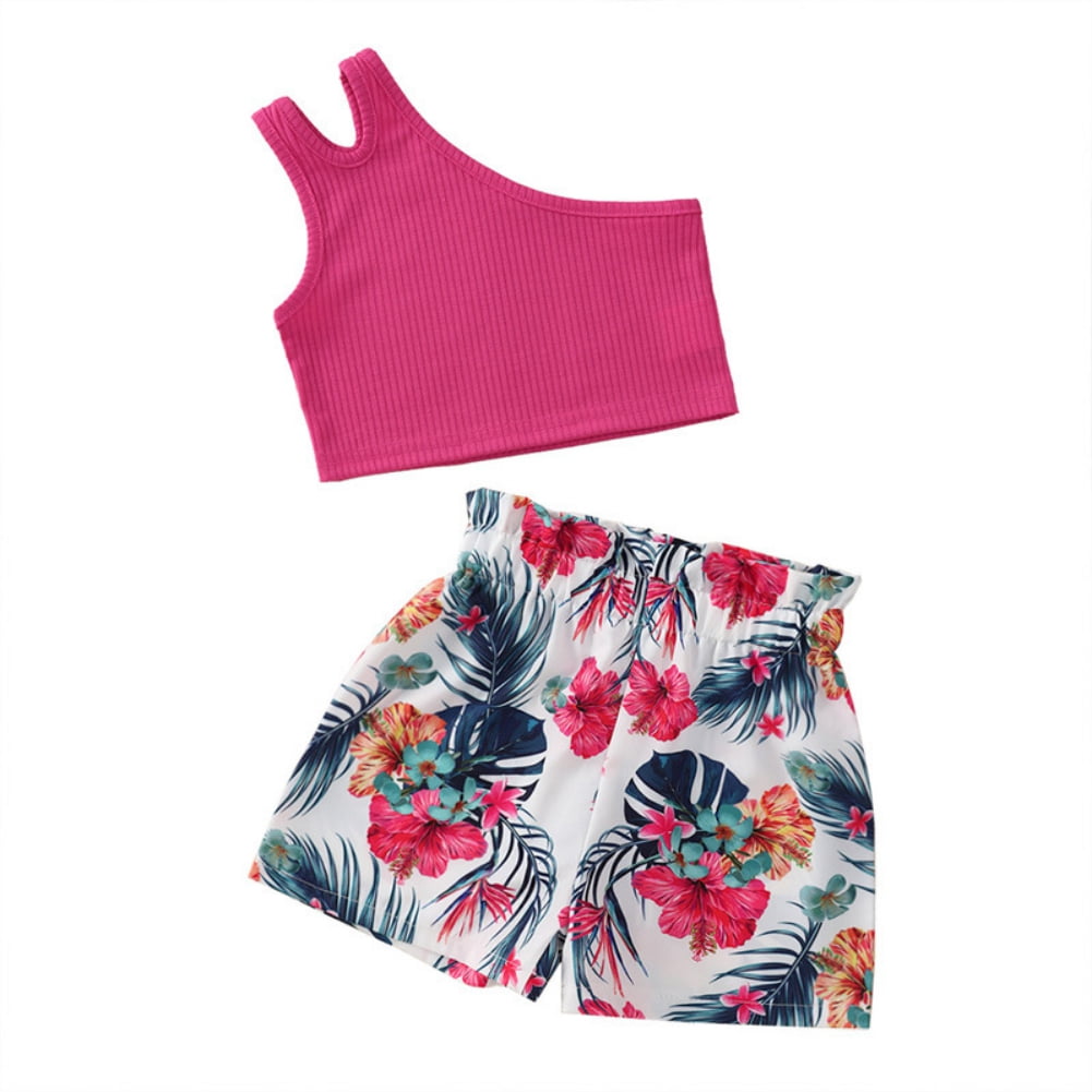 Esho 2Pcs Little Girls Casual Outfits, Kids One-shoulder Crop Top ...