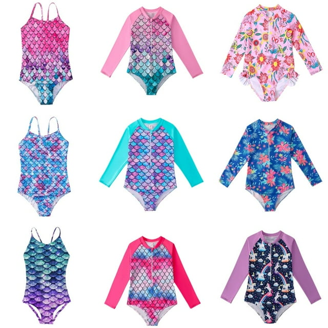 Esho Girls Long Sleeve One-Piece Swimsuit Kids Beach Swimming Bathing ...