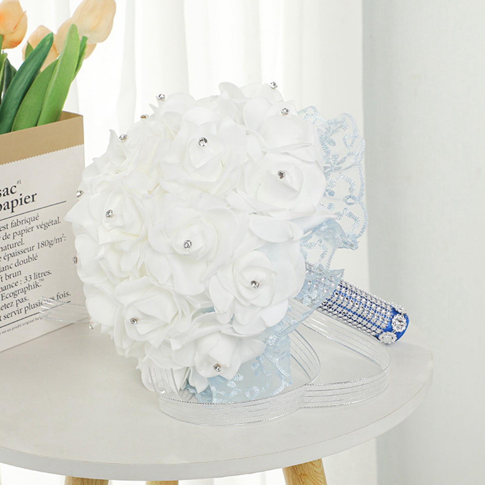 Esho White Wedding Bouquets for Brides,Artificial Crystals Silk Roses Bridal Bridesmaid Wedding ...