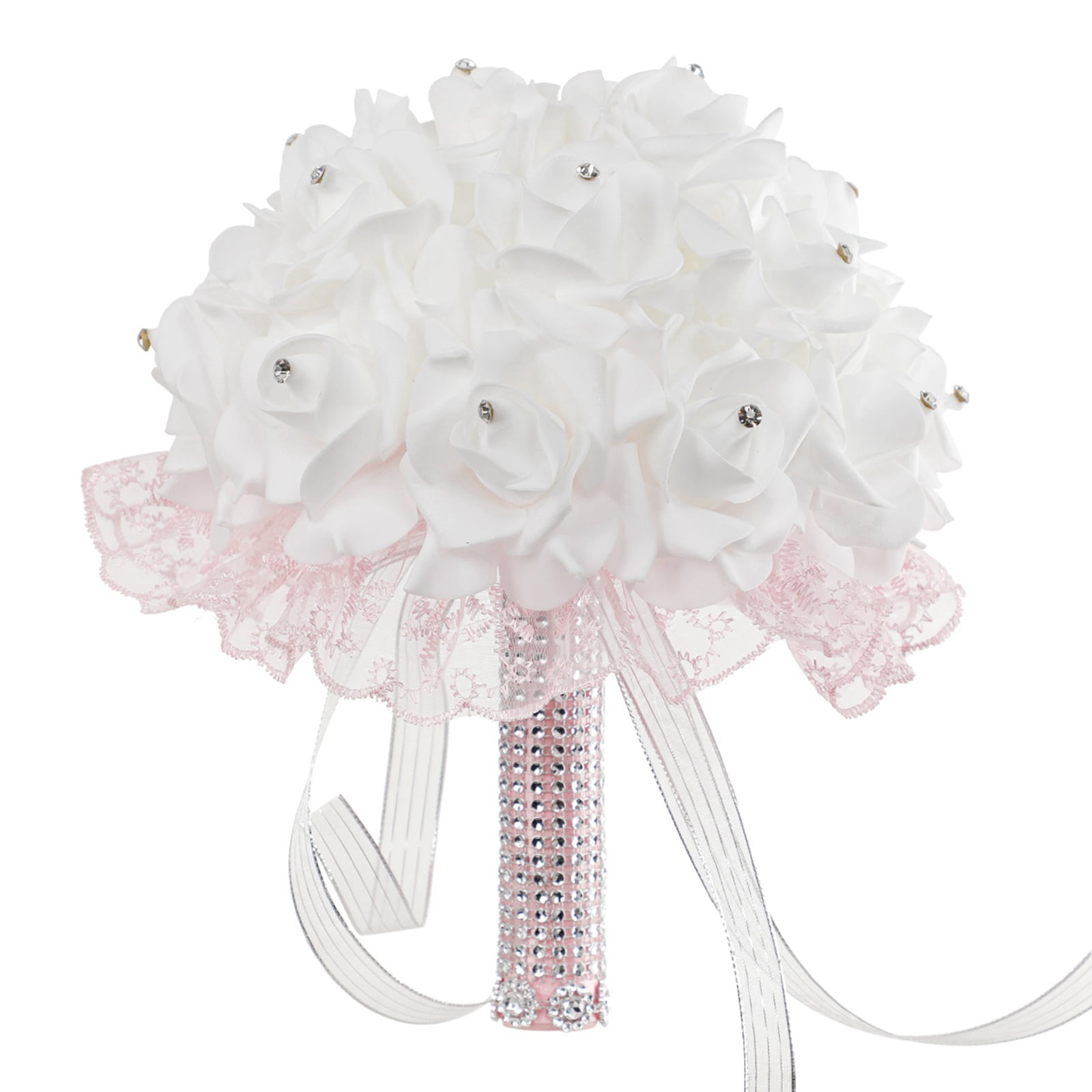 Esho White Wedding Bouquets for Brides,Artificial Crystals Silk Roses Bridal Bridesmaid Wedding ...