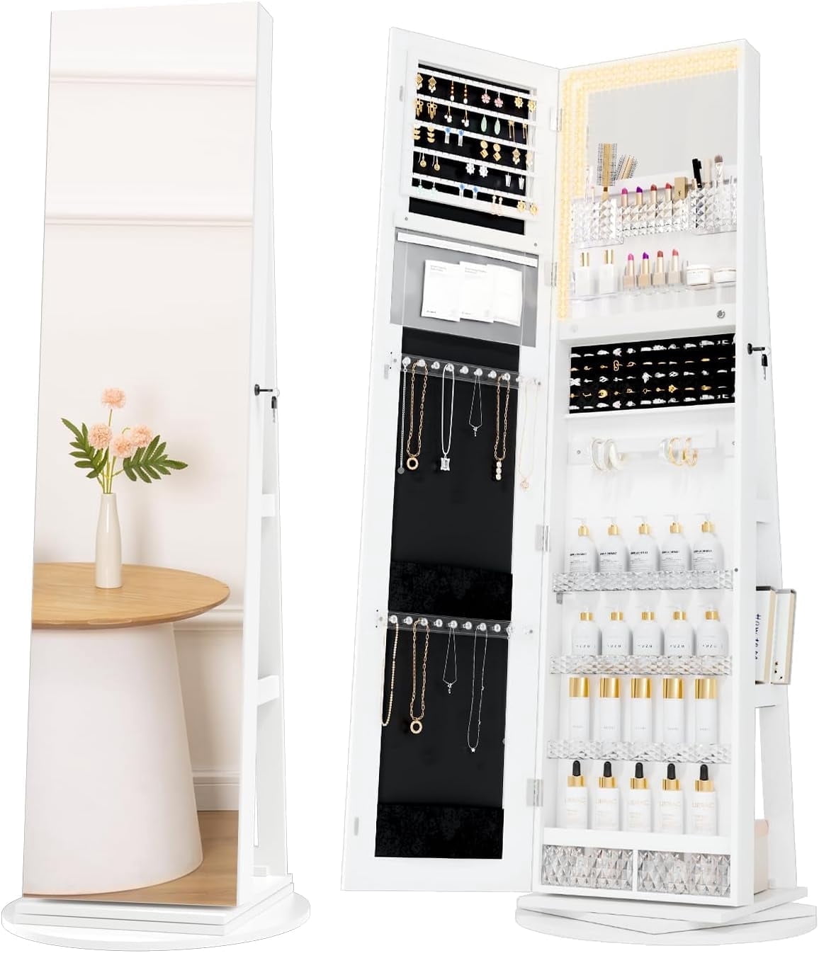 Esmlada Standing Jewelry Armoire with Full-Length Mirror and LED Lights ...