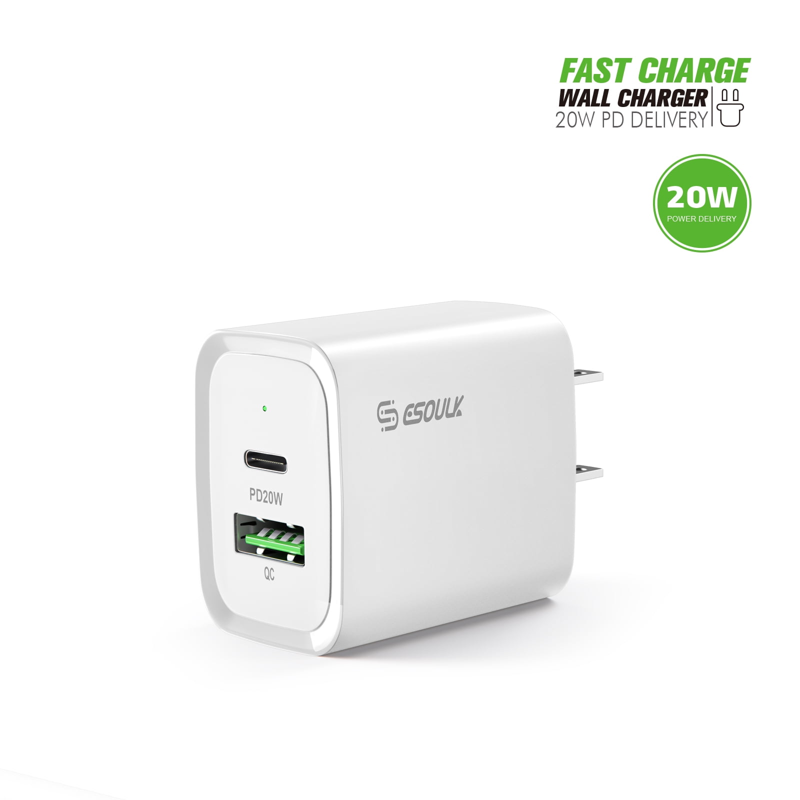 Esoulk 20W PD & QC Fast Wall Charger, White Dual USB Wall Adapter ...