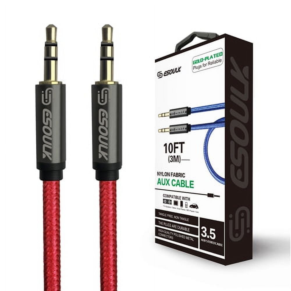 Nylon AUX Cord, 10ft Red, Braided Extension Cable, Gold Plated, Stereo ...