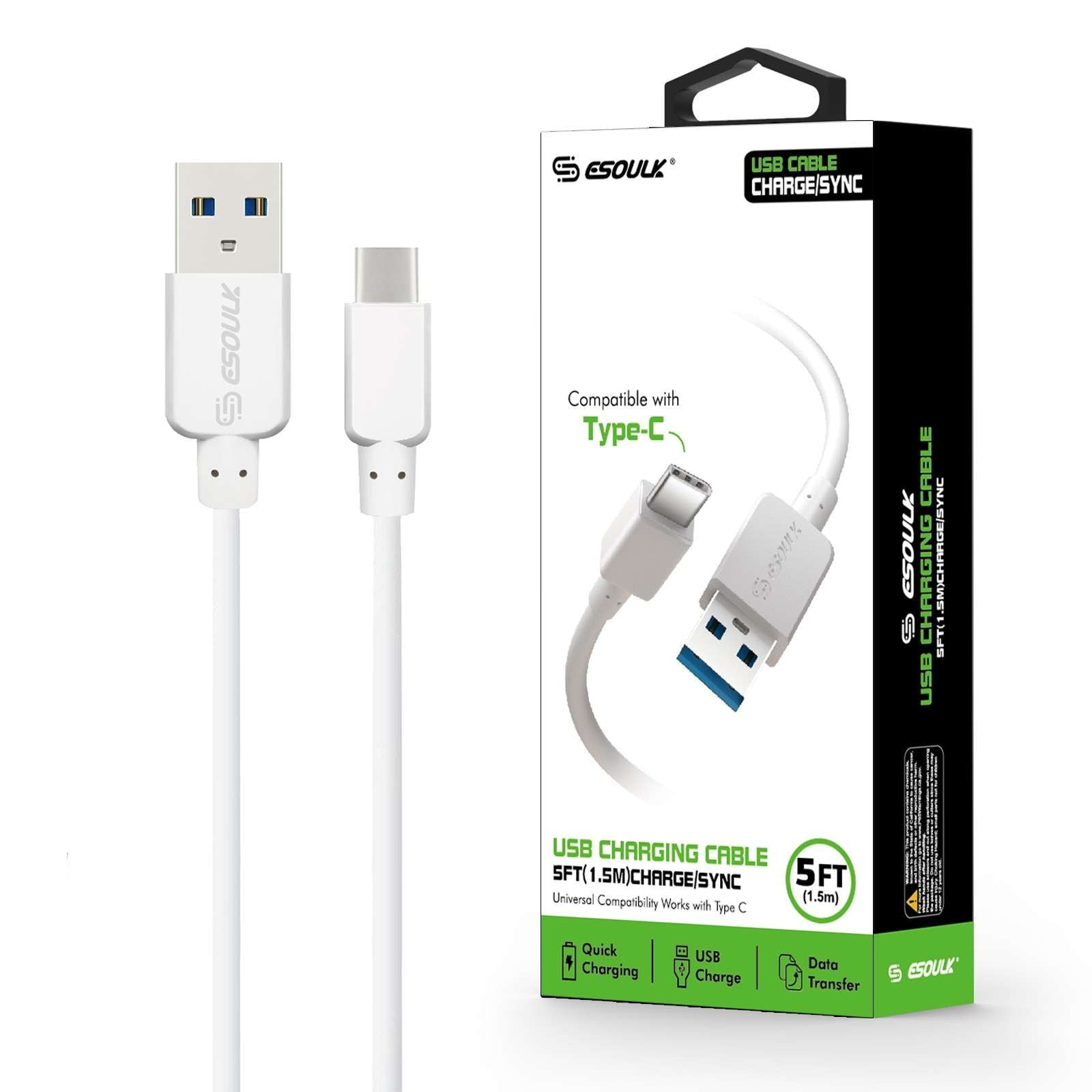 Esoulk 5ft USB-C to USB-A Charge/Sync Cable for TCL 50 LE - White ...