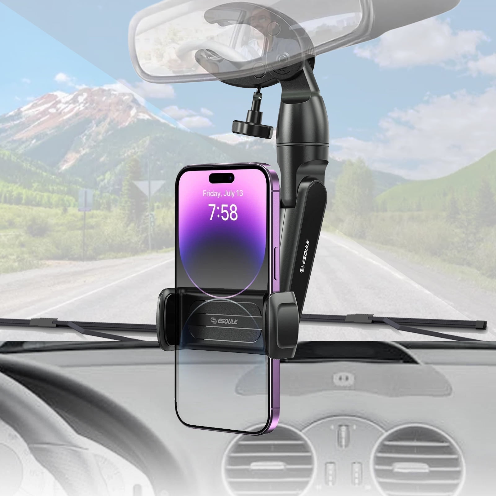 Esoulk Car Rear View Mirror Phone Holder, Mount Rotatable fits 4-7 Inch ...