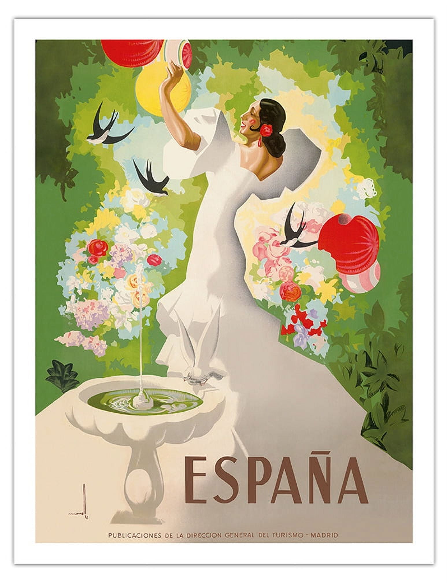 Espana (Spain) - Dancer with Fountain and Birds - Vintage Travel Poster ...
