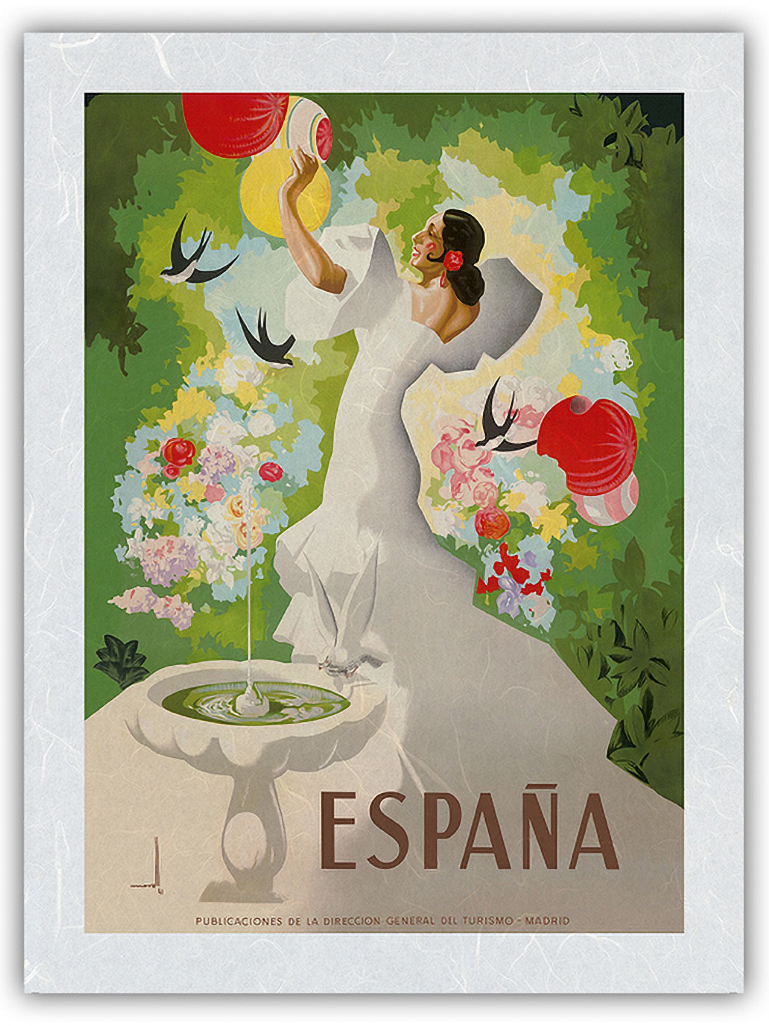 Espana (Spain) - Dancer with Fountain and Birds - Vintage Travel Poster ...