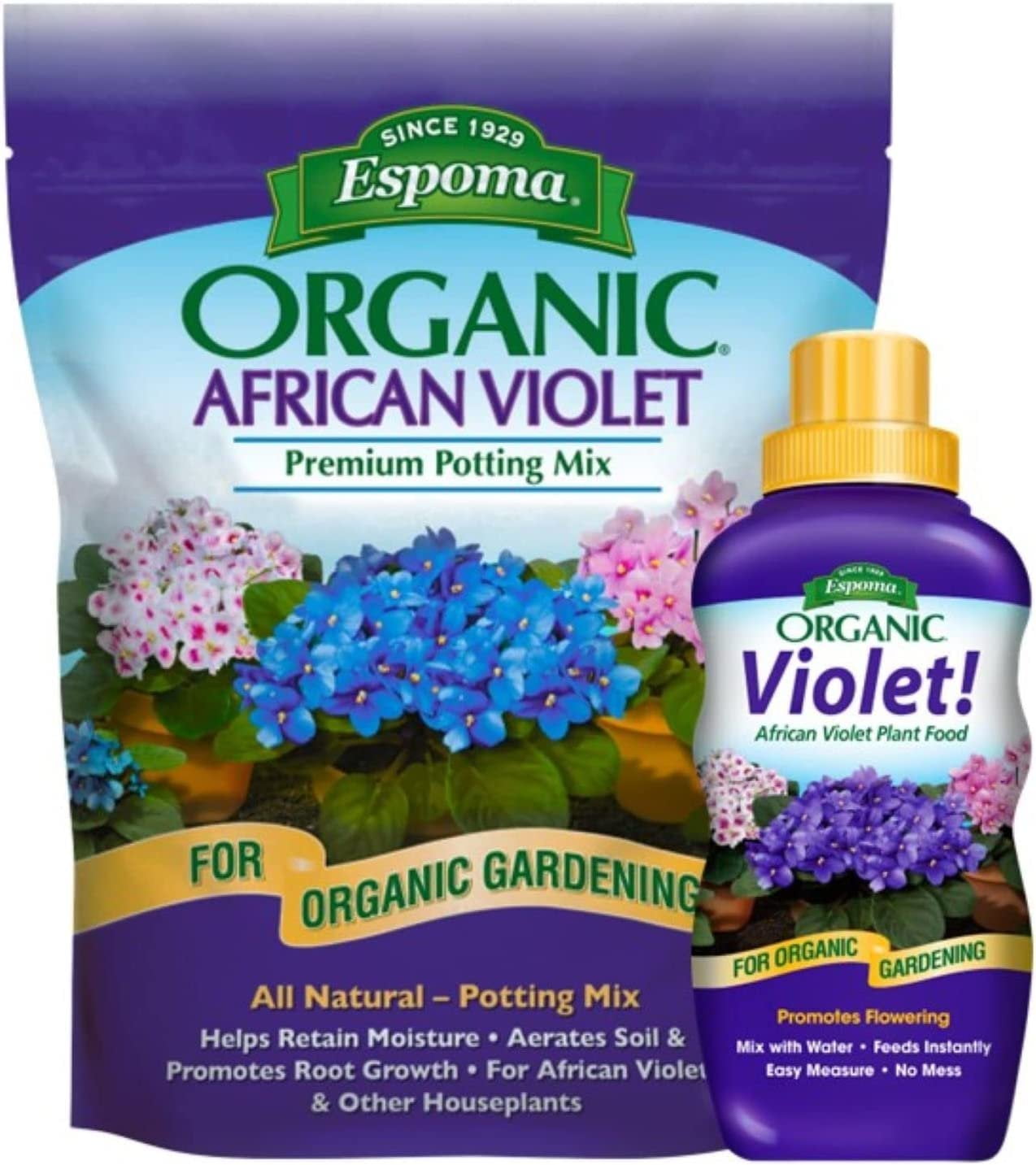 Espoma Organic African Violet Potting Mix 4qt & Violet! Liquid Plant Food 8oz, Indoor Plants ...