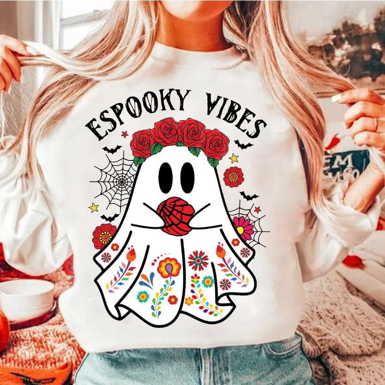 Espooky Vibes Sweatshirt with Floral Ghost and Mexican Concha Bread ...