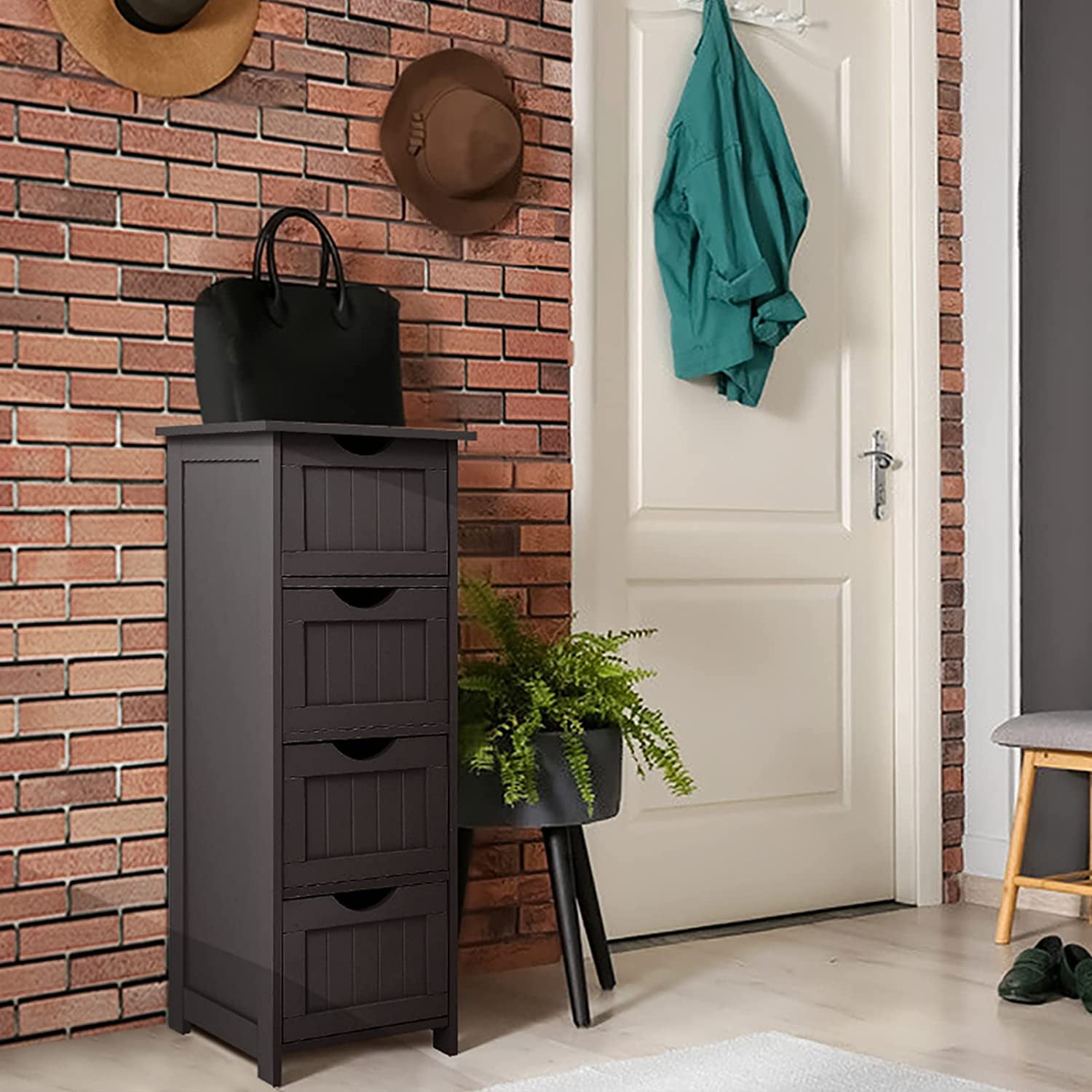 Espresso Bathroom Storage Cabinet with 4 Drawers Wooden Freestanding ...
