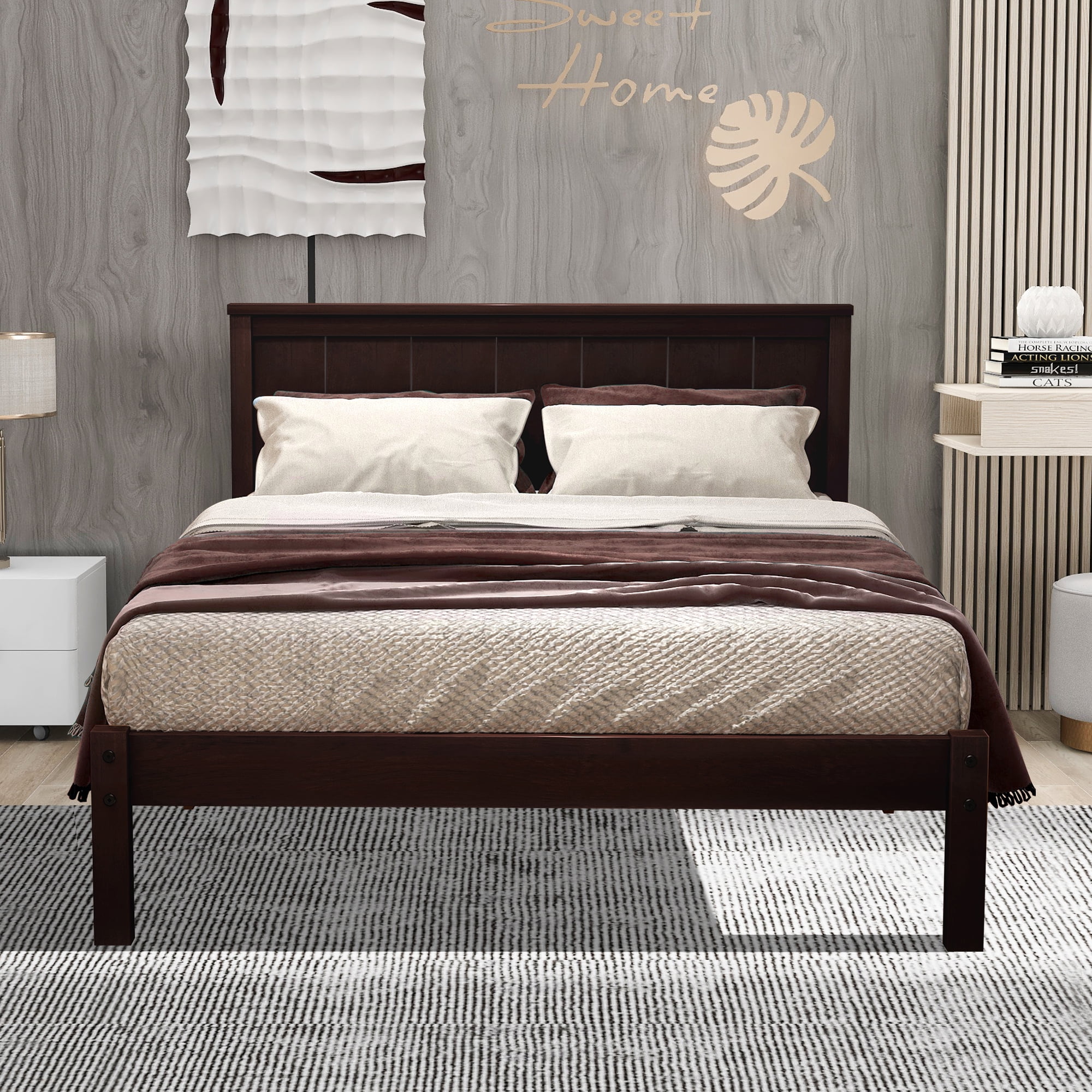 Espresso Bed Frame Twin Size, Bedroom Furniture Wood Platform Bed with ...