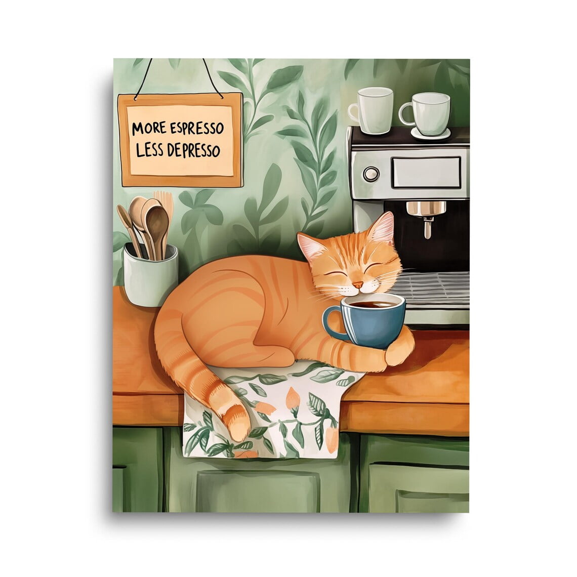 Espresso Cat Art Print, Orange Kitchen Decor, Coffee Shop Cat Wall Art ...