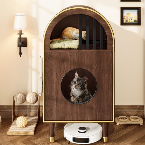 Espresso Cat Litter Box Enclosure & Bed, 2-in-1 Condo Cat Furniture ...