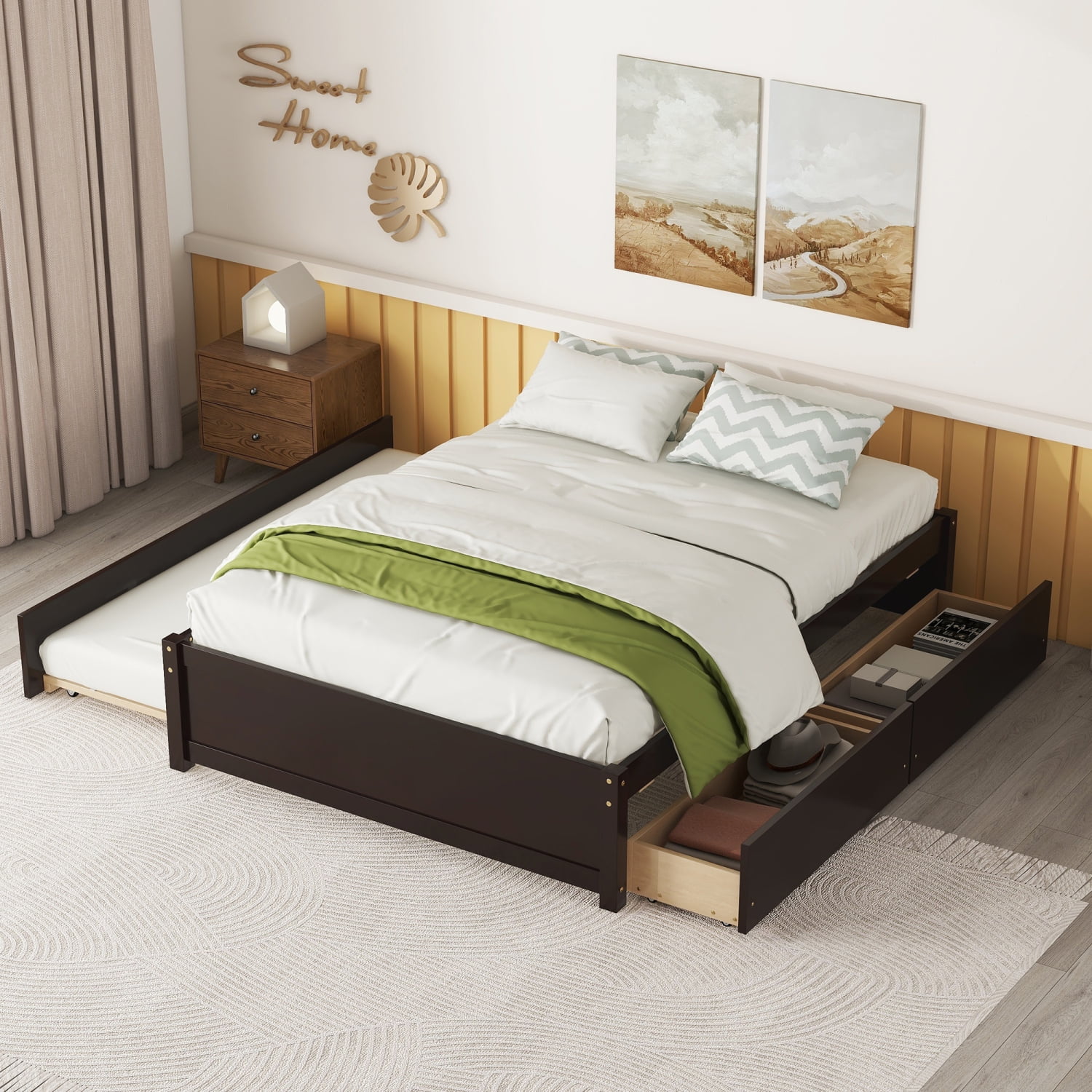 Espresso Colored Full Bed with Twin Size Trundle and Two Drawers ...