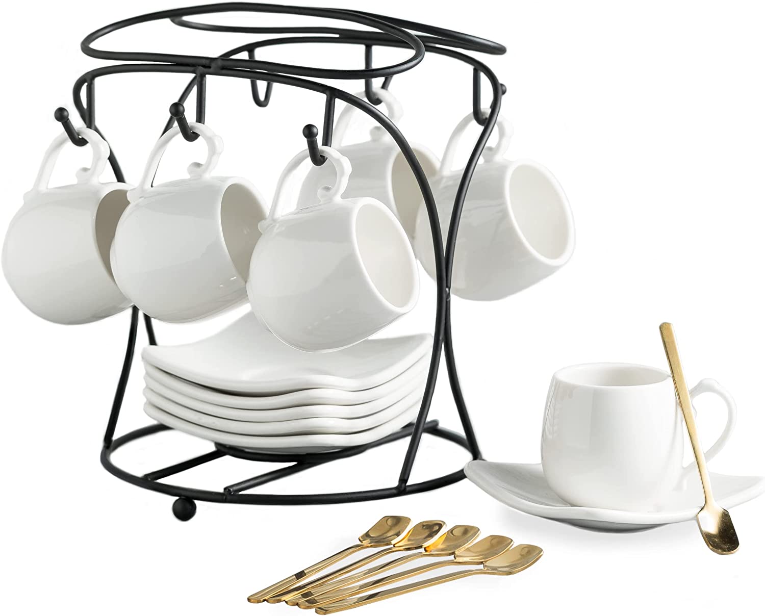 Espresso Cups with Saucers Set, Porcelain Coffee Cups and Metal Stand ...