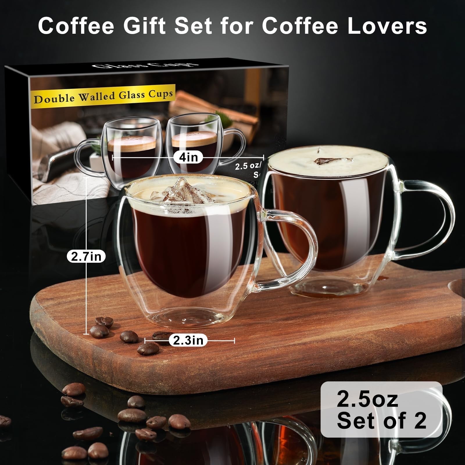 Baalaka Double Walled Espresso Cups, 2.5 OZ with Handle, High ...