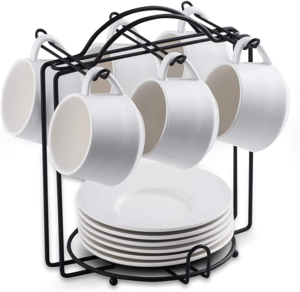 Espresso Cups Set with Saucers and Metal Stand Coffee Cup Set of 6 4 oz ...