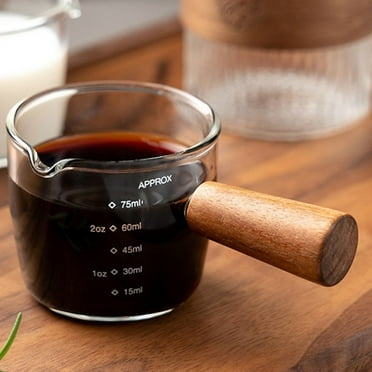 PARACITY 3.5 oz Espresso Measuring Cup with Wood Handle Double V Spout Borosilicate Glass ...