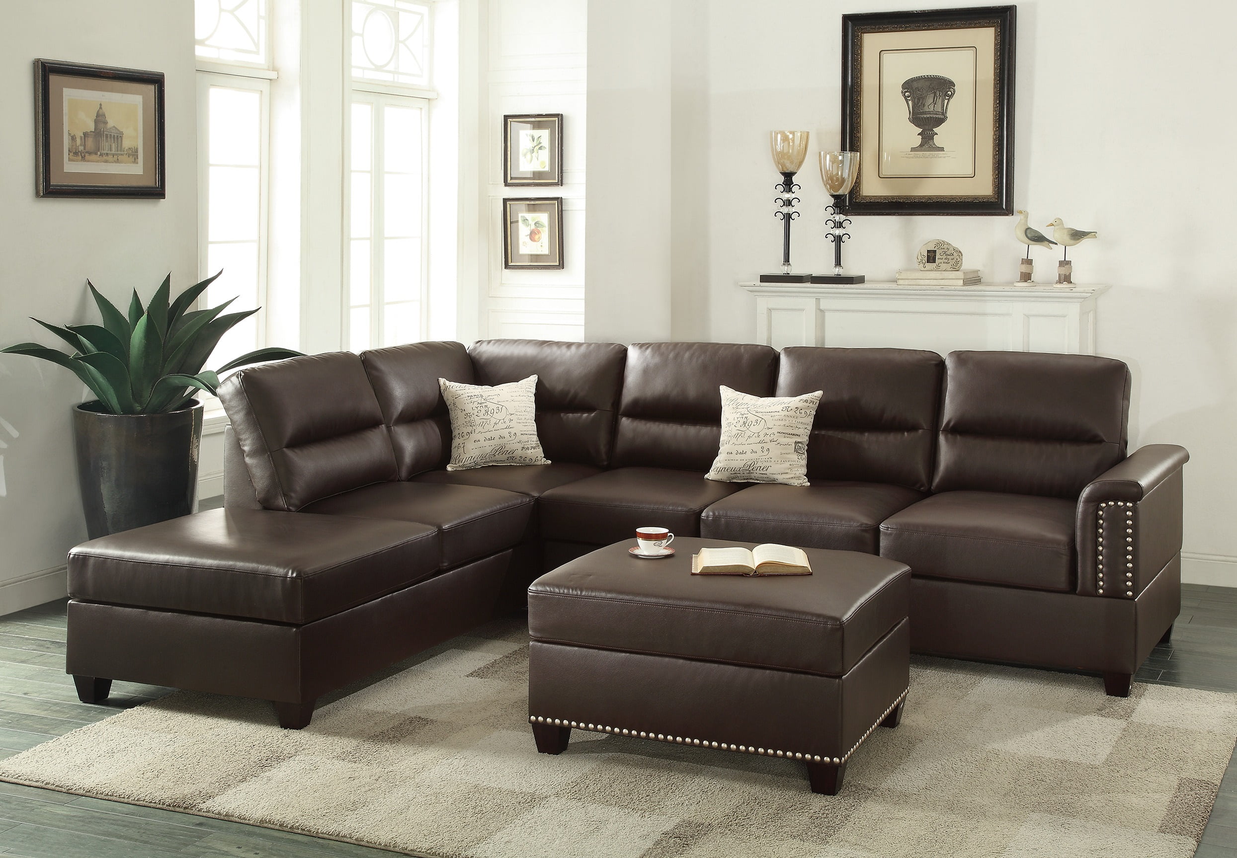 Espresso Faux Leather 3-Piece Reversible Sectional Sofa Set with Chaise ...