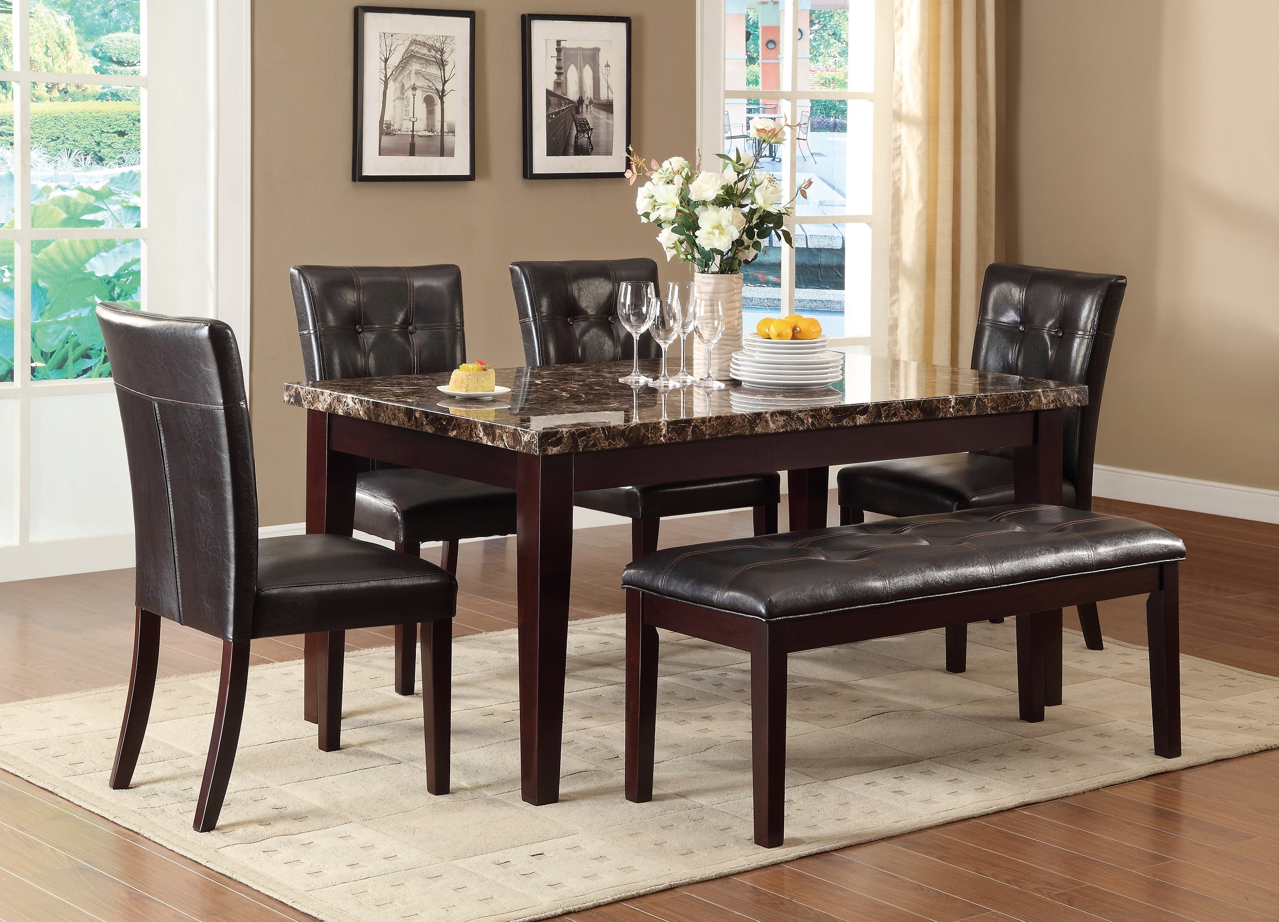 Marble Top Dining Table Set With Chairs And Bench Transitional 6pc ...