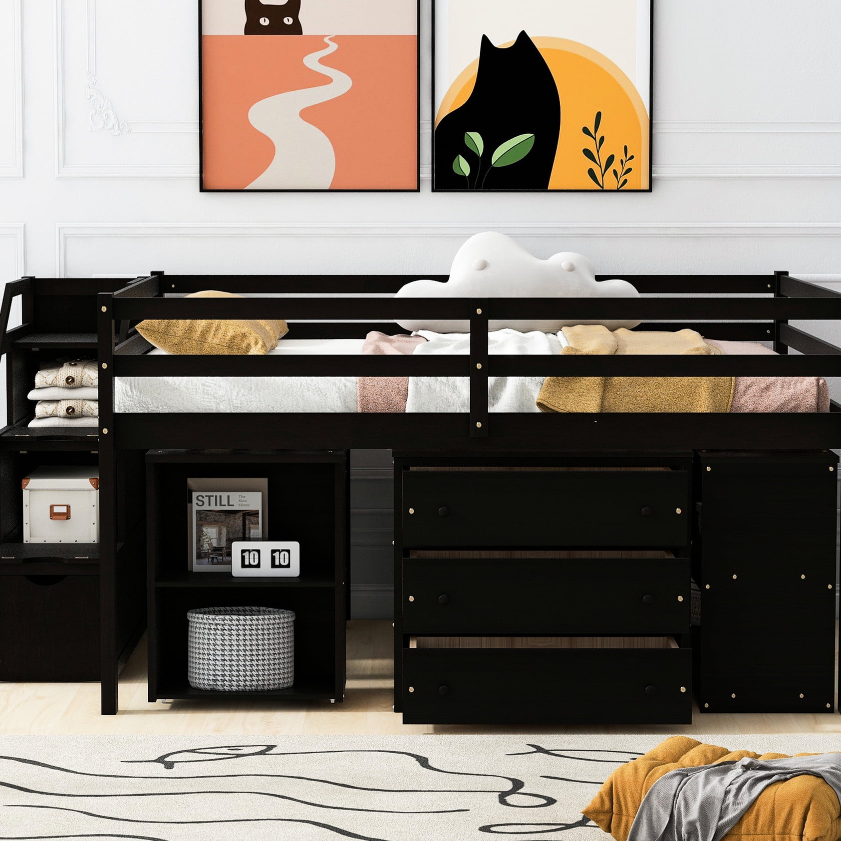 Espresso Full Size Loft Bed with 3 Drawers and Shelving Unit ...