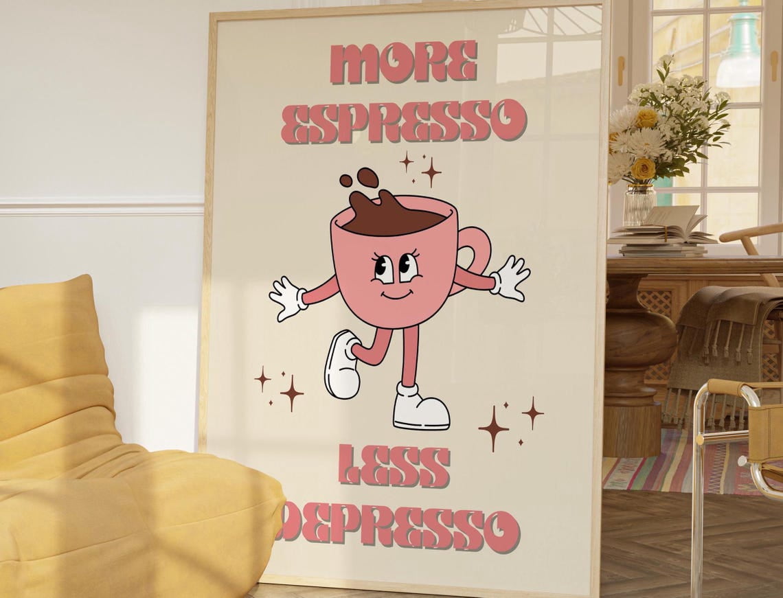 More Espresso Less Depresso Coffee Wall Art Print Pink Retro Quote ...