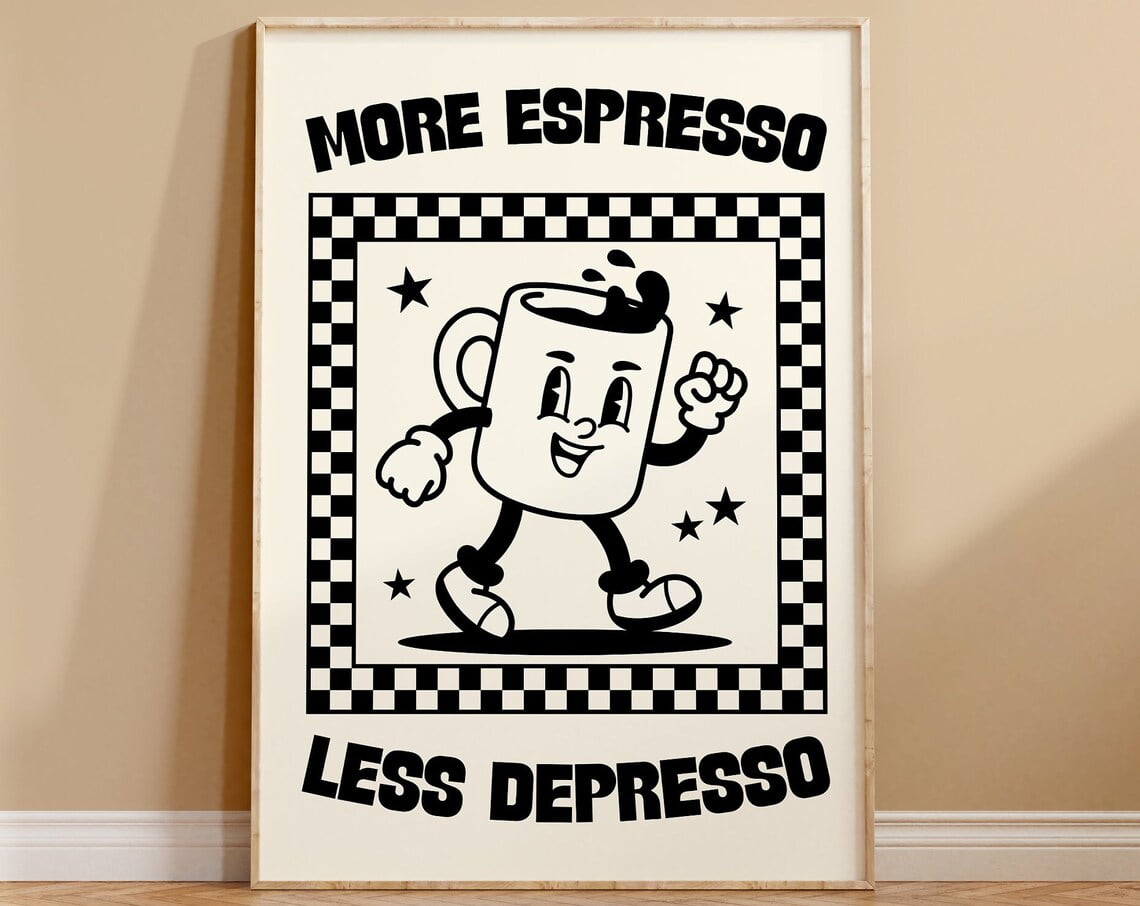 More Espresso Less Depresso Retro Wall Art Print - Retro Character ...