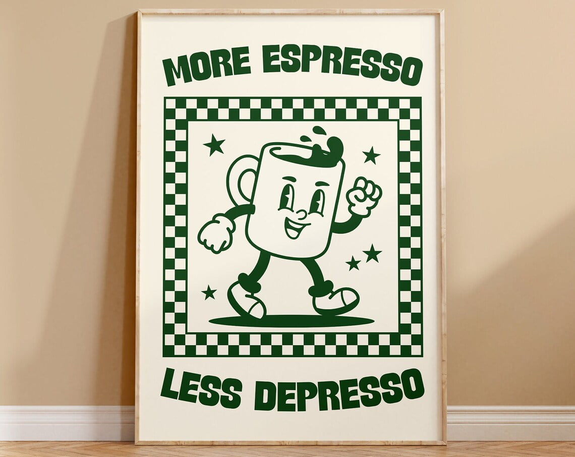 More Espresso Less Depresso Retro Wall Art Print - Retro Character ...