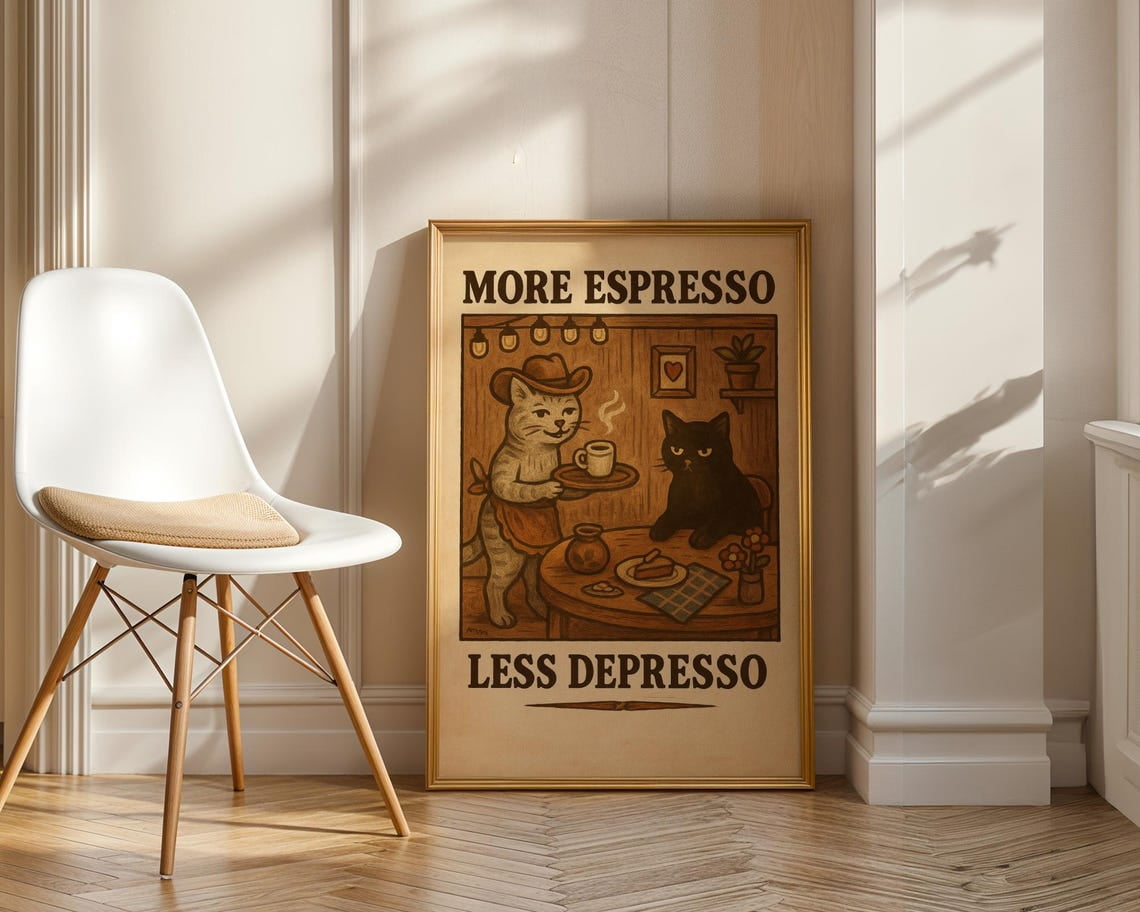 More Espresso Less Depresso Western Cat Wall Print, Coffee Cat Poster ...