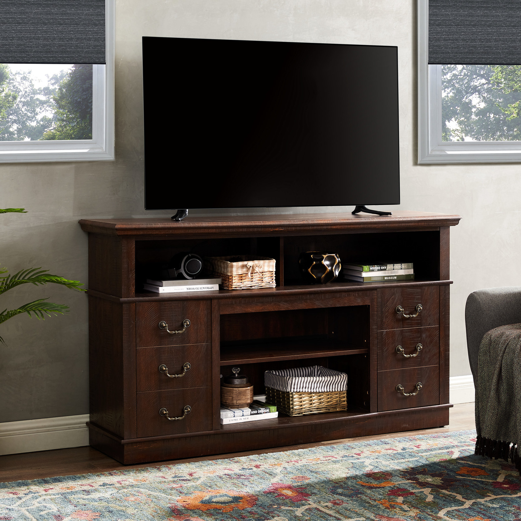 Espresso MDF TV console for 65-inch TVs, 3 cable management holes ...