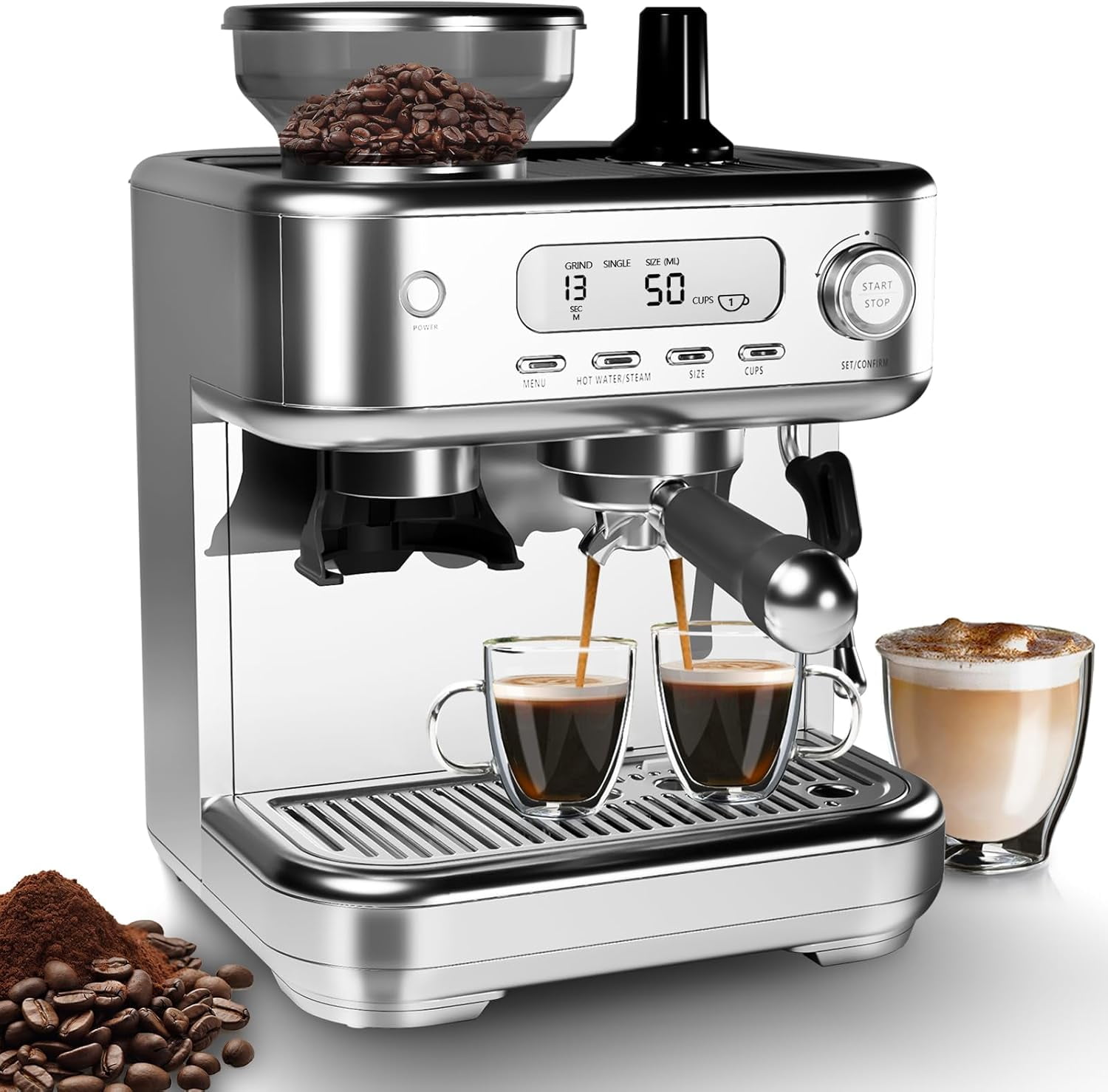 Espresso Machine 15 Bar, LCD Display Espresso Maker with Grinder, Milk ...
