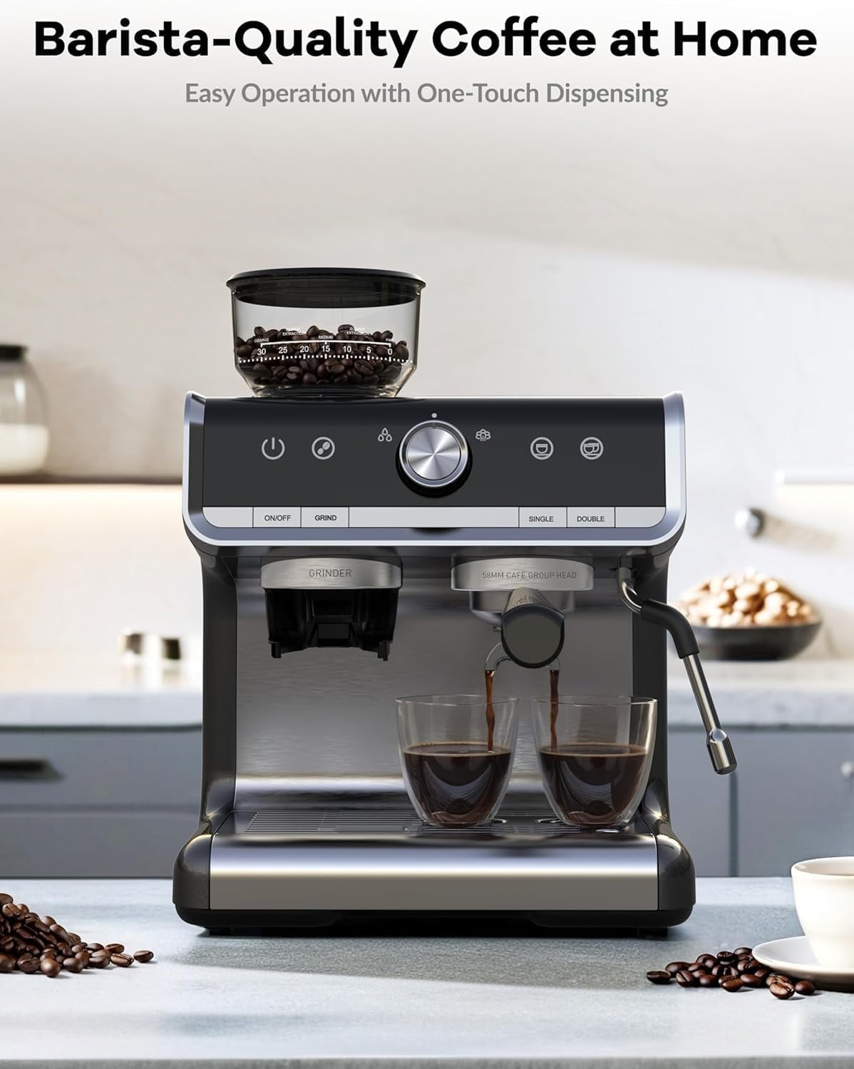 Espresso Machine with Grinder and Milk Frother Steam Wand, 20 Bar ...